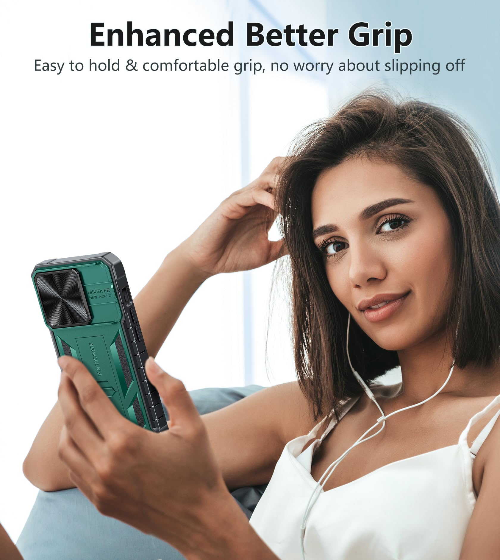FNTCASE for iPhone 15 Pro Case: Military Grade Drop & Shock Protection Cell Phone Cover with Kickstand & Slide | Rugged Protective Bumper Textured | Heavy Duty Protector(Green)