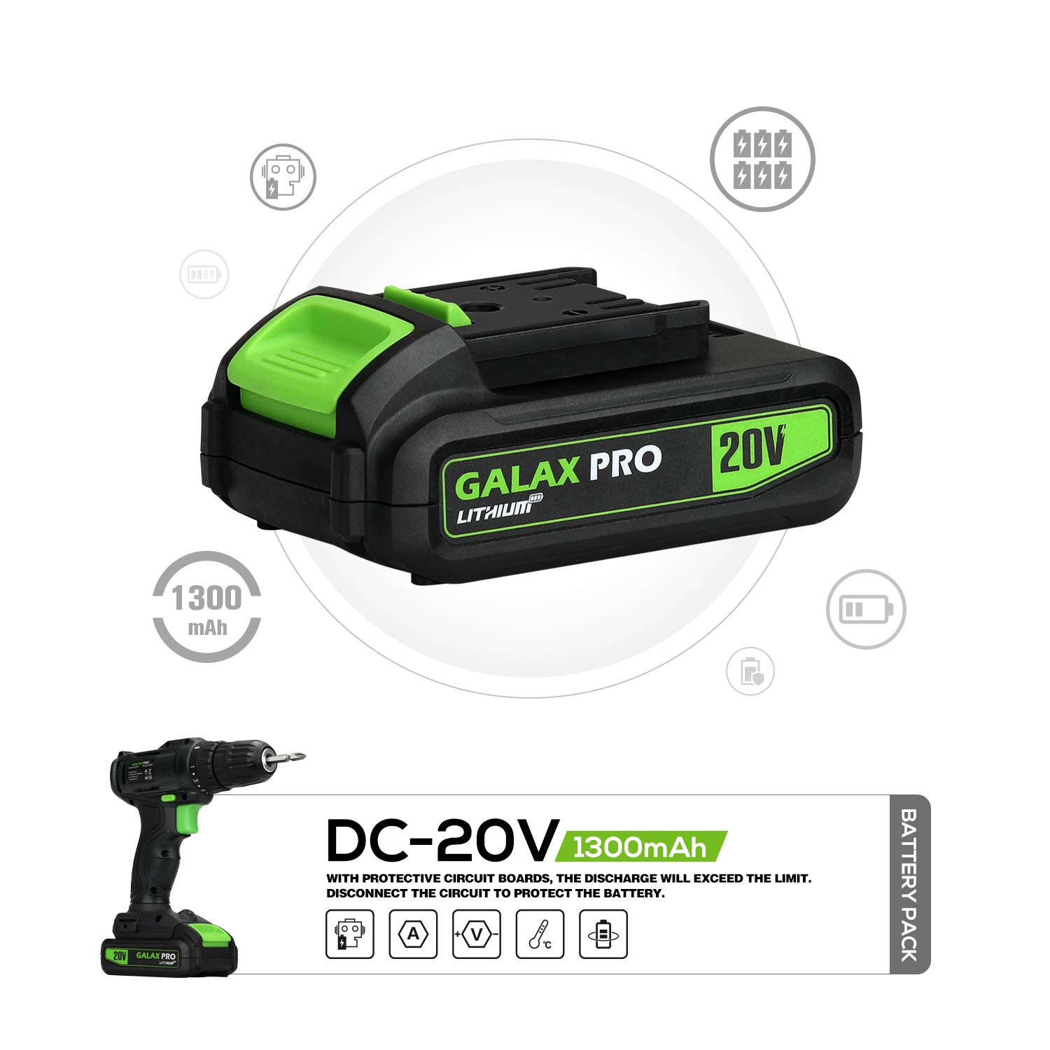 GALAX PRO 20V Cordless Drill Driver with Work Light, Max Torque 20N.m, 3/8 Inch Keyless Chuck, 19+1 Position, Single Speed 0-600RPM, 1.3Ah Battery and Charger Included