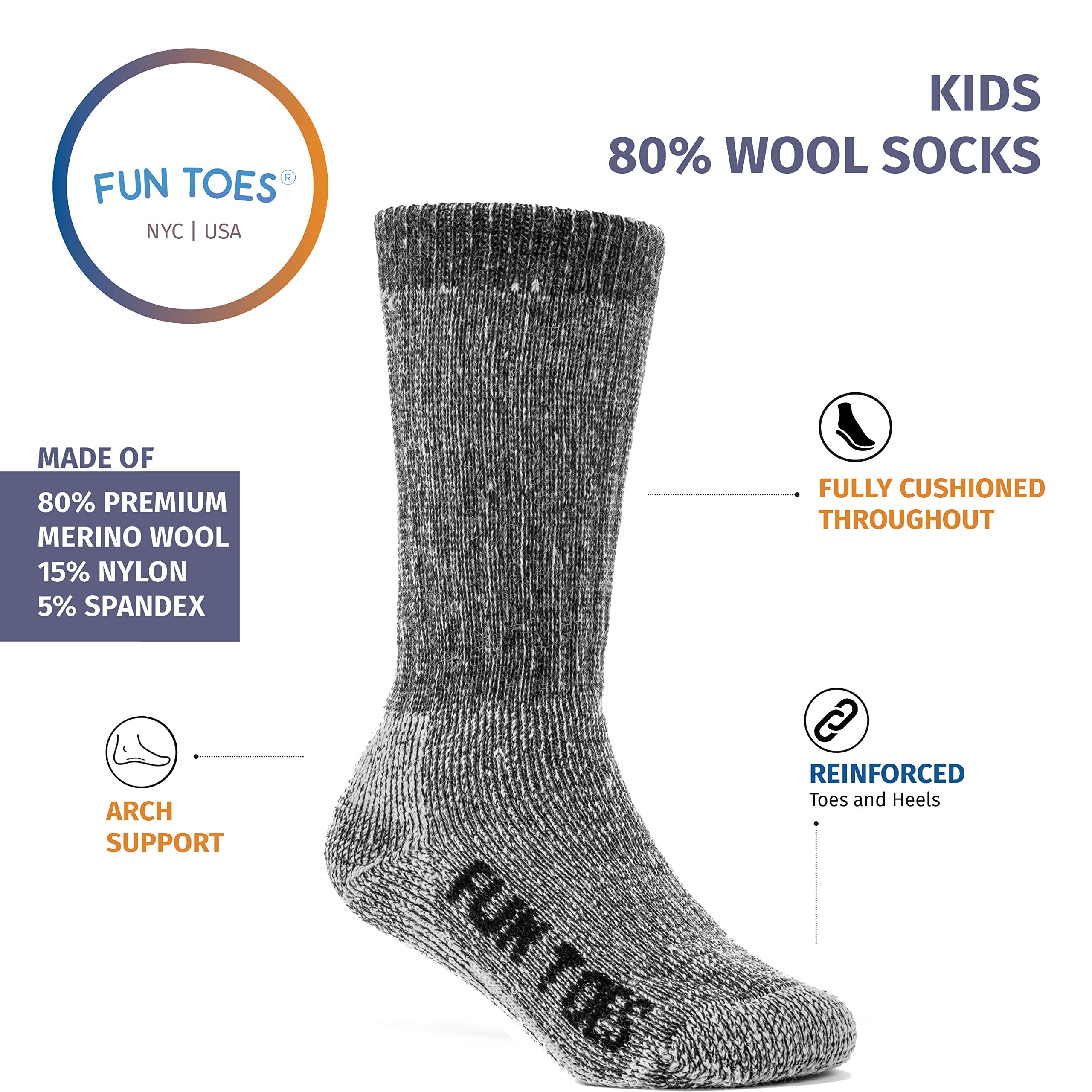 FUN TOES Children's 80% Thermal Merino Wool Socks 3 Pairs Mid Weight For Winter Ski Sport (Black, 4-6 XSmall)