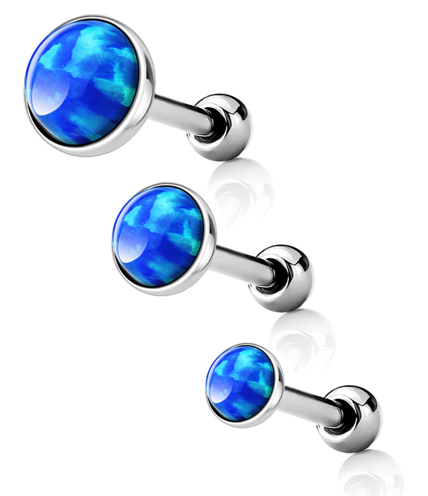 Forbidden Body Jewelry 3-Pack: 16g Surgical Steel Synthetic Blue Opal Cartilage Studs, 3mm/4mm/5mm Opalite