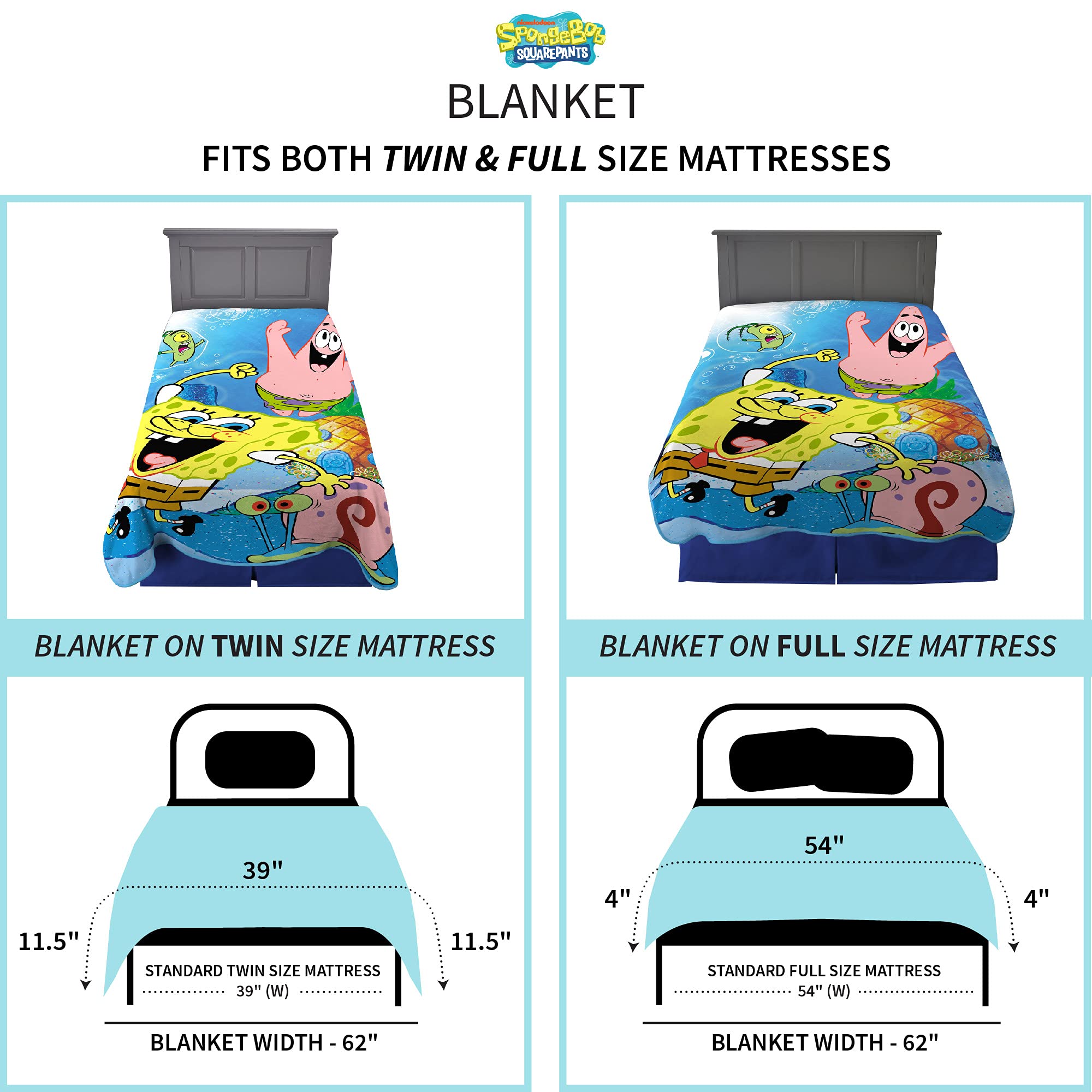 Franco Kids Bedding Super Soft Plush Micro Raschel Blanket, 62 in x 90 in, Spongebob Squarepants, Multicolour, Prints May Vary