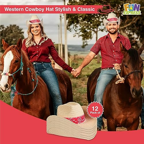 Fun Express Cowboy Hat for Men - Authentic Western Style Cowboy Hats for Men with Red Bandana Accent, Bulk Set of 12 Durable Woven Straw Cow boy hat Versatile Party Hats, Unisex Design