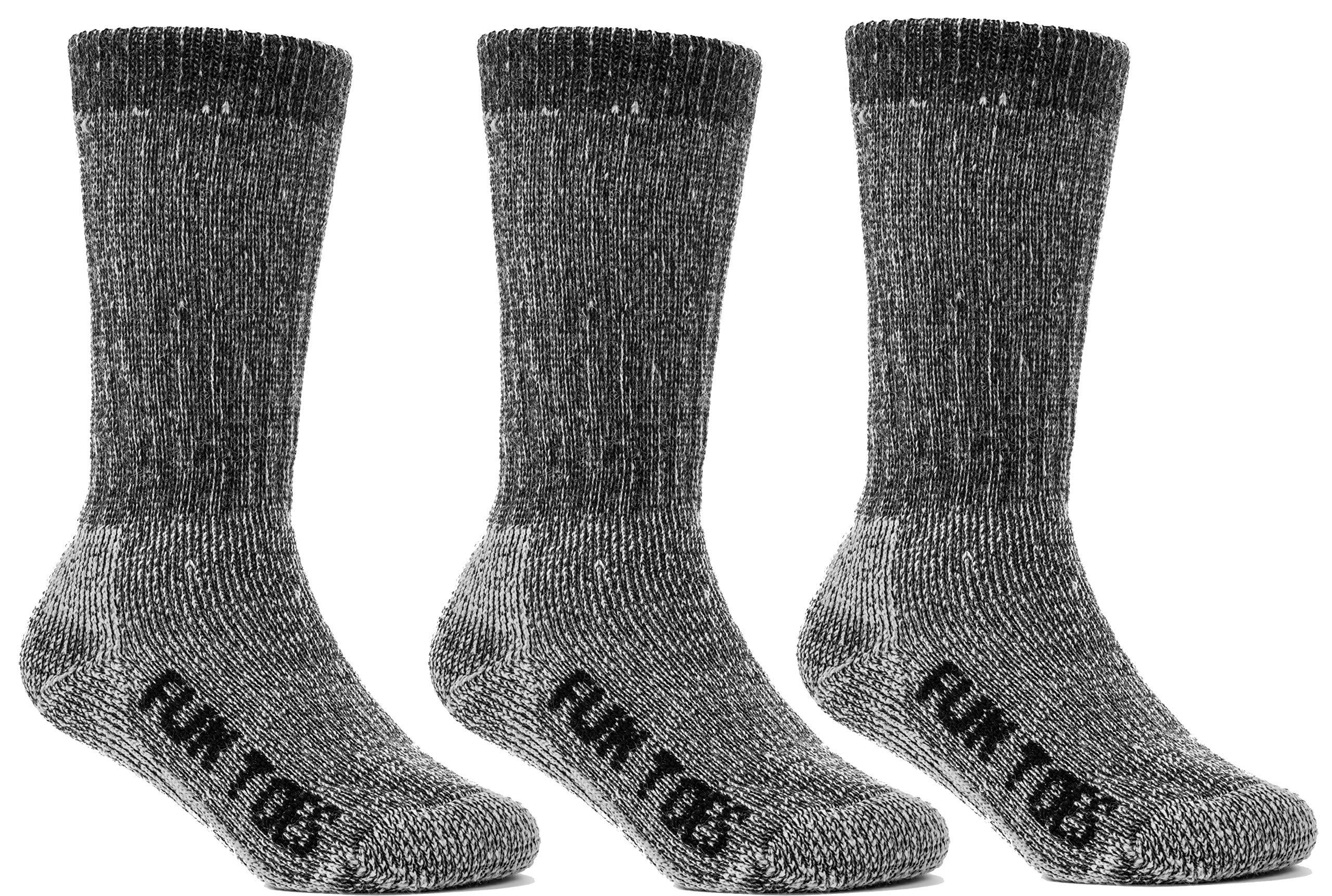 FUN TOES Children's 80% Thermal Merino Wool Socks 3 Pairs Mid Weight For Winter Ski Sport (Black, 6-8 Small)