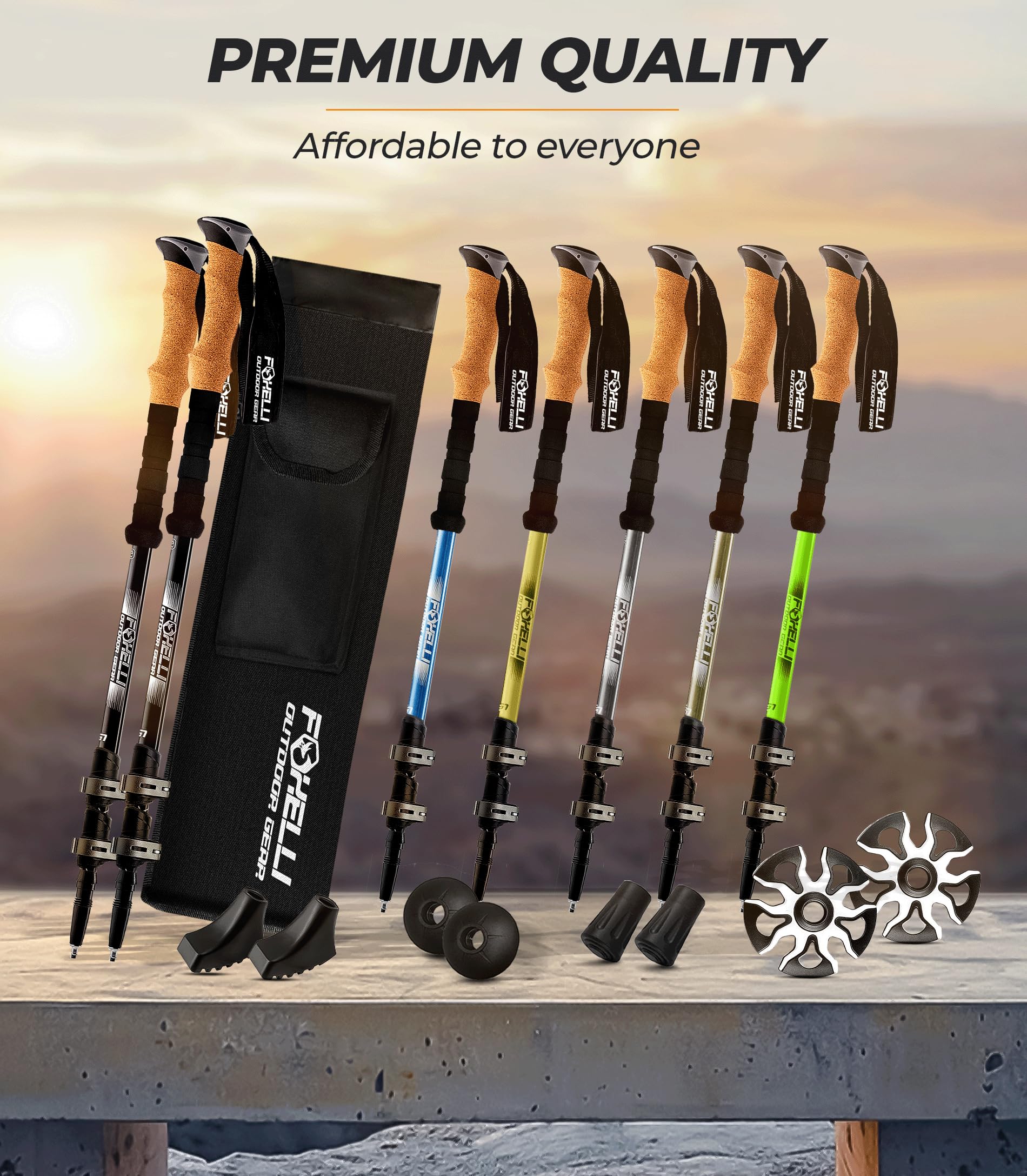 Foxelli Hiking Poles β Lightweight & Collapsible with Comfortable Cork Grips, Easily Adjustable for All Heights, Includes Carry Bag and Accessories