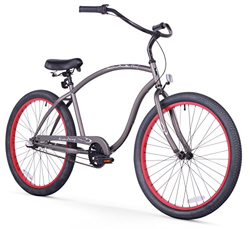Firmstrong Chief Man Three Speed Beach Cruiser Bicycle with Red Rims, 15.5x26-Inch, Matte Grey