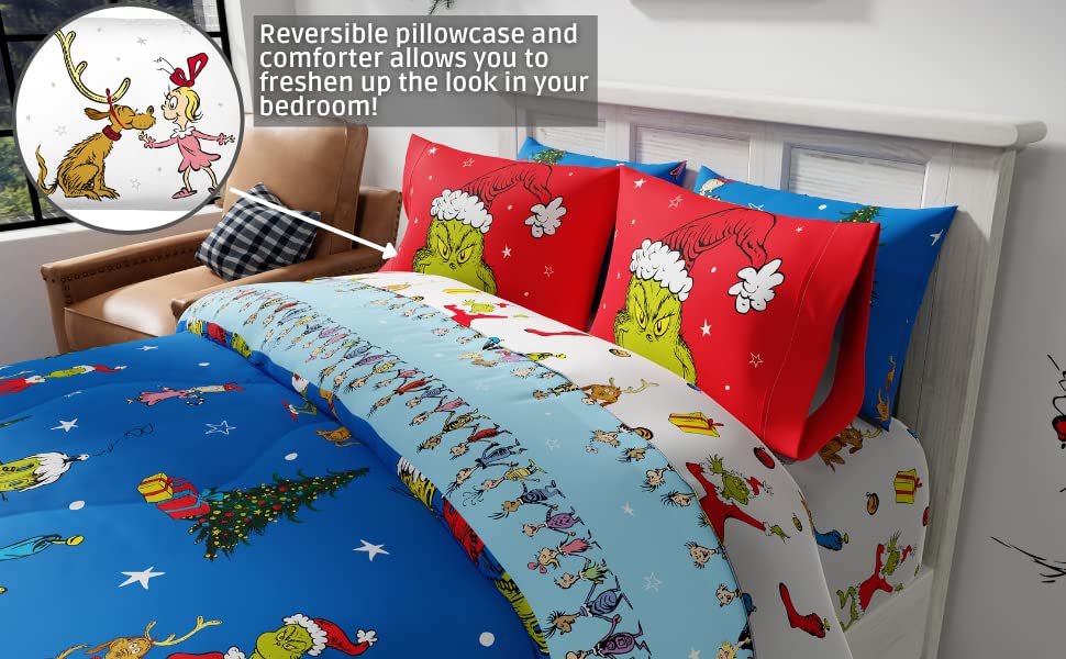 Franco Grinch by Dr. Seuss Holiday & Christmas Bedding Super Soft Comforter and Sheet Set with Sham, 7 Piece Queen Size (Official Dr. Seuss Product)