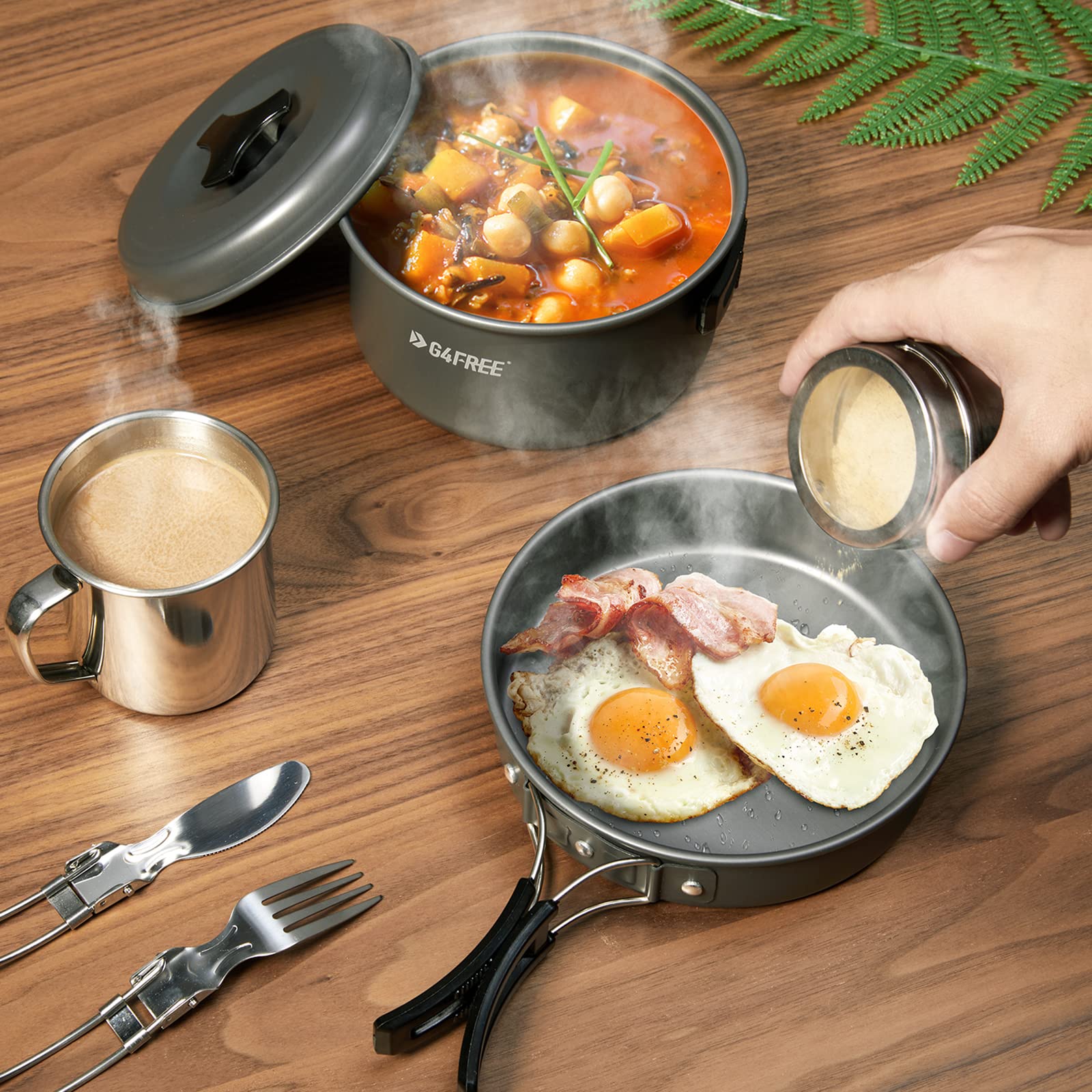 G4Free 12PCS Camping Cookware Mess Kit, Lightweight Cooking Pot Pan Kettle Fork Knife Spoon Kit for Backpacking, Outdoor Camping Hiking and Picnic