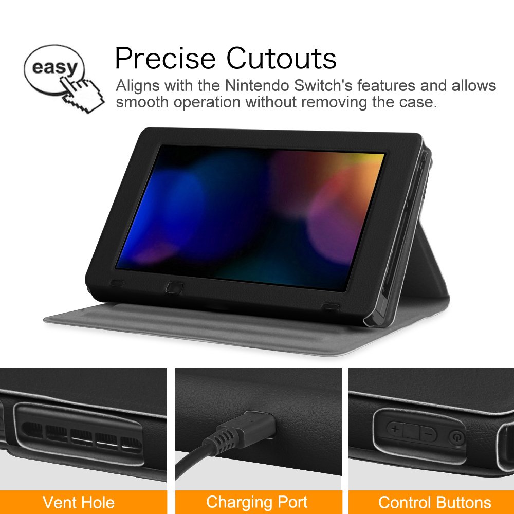 Fintie Protective Case for Nintendo Switch - [Multi-Angle Viewing] Ultra Slim Vegan Leather Play Stand Cover with Elastic Strap for Nintendo Switch 2017 - Black
