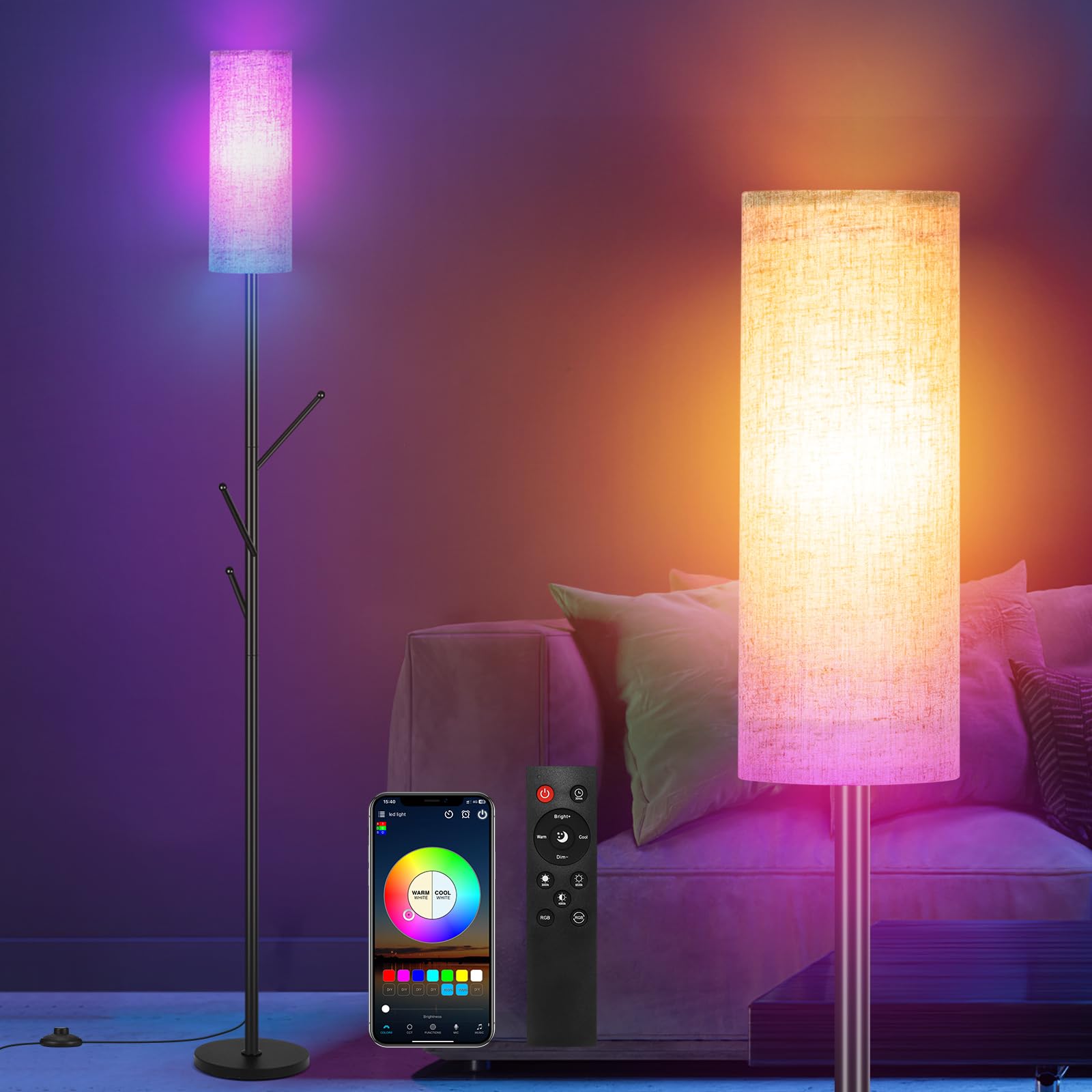 Floor Lamp with Coat Rack Stand, Dimmable Floor Lamps for Living Room with Replaceable Smart Led Bulbs, Standing Light Atmosphere Lamp with App/Remote/Footrest Control, 100-240V, Bulb Included