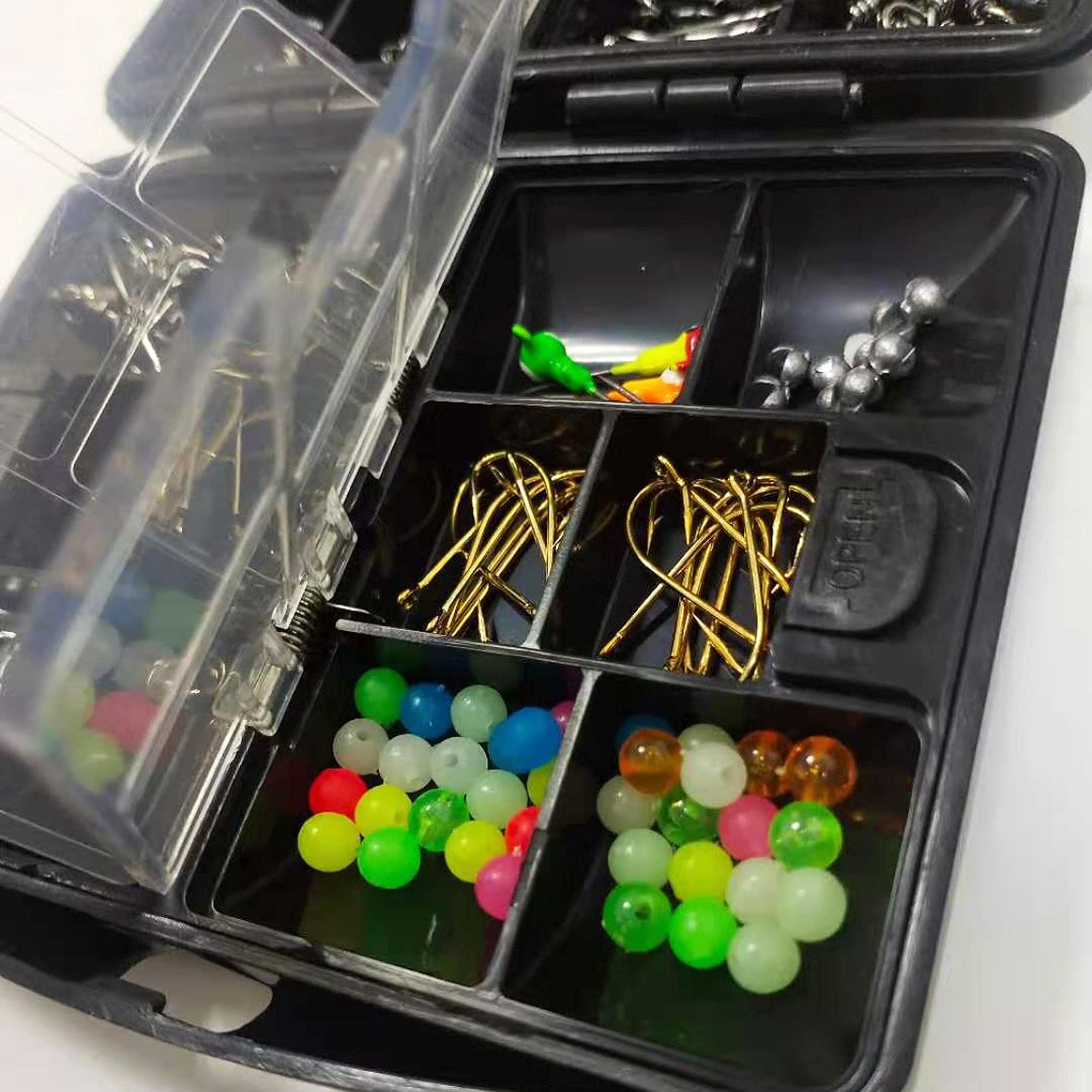 Fishing Terminal Tackle Box - Fishing Baitholder Hooks, Drop Shot Weights,Fishing Bobbers,Fishing Stoppers, Sinker Slides, Double Barrel Crimps,Three Way swivels,Fishing Beads