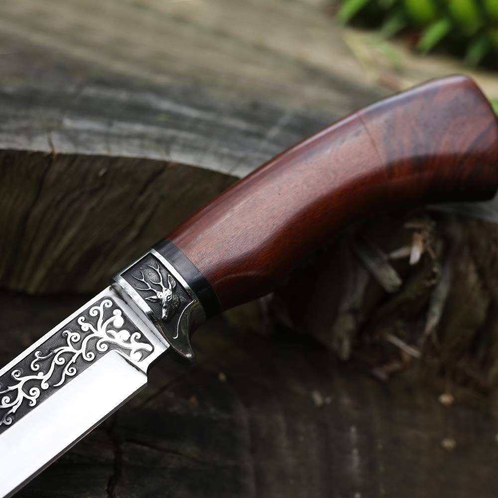 FU-GLBY 11" Fixed Blade Knife with leather sheaath classical embossed blade hunting knife wood handle Survival knife