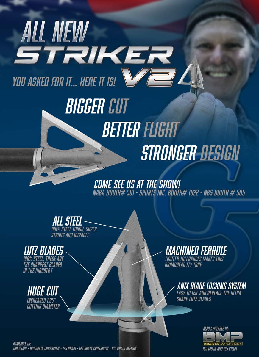 G5 Striker V2 Fixed 3-Blade Broadhead - Archery Hunting Steel Ferrule 125 Grain 1.25" Cutting Diameter Broadhead - Standard Version