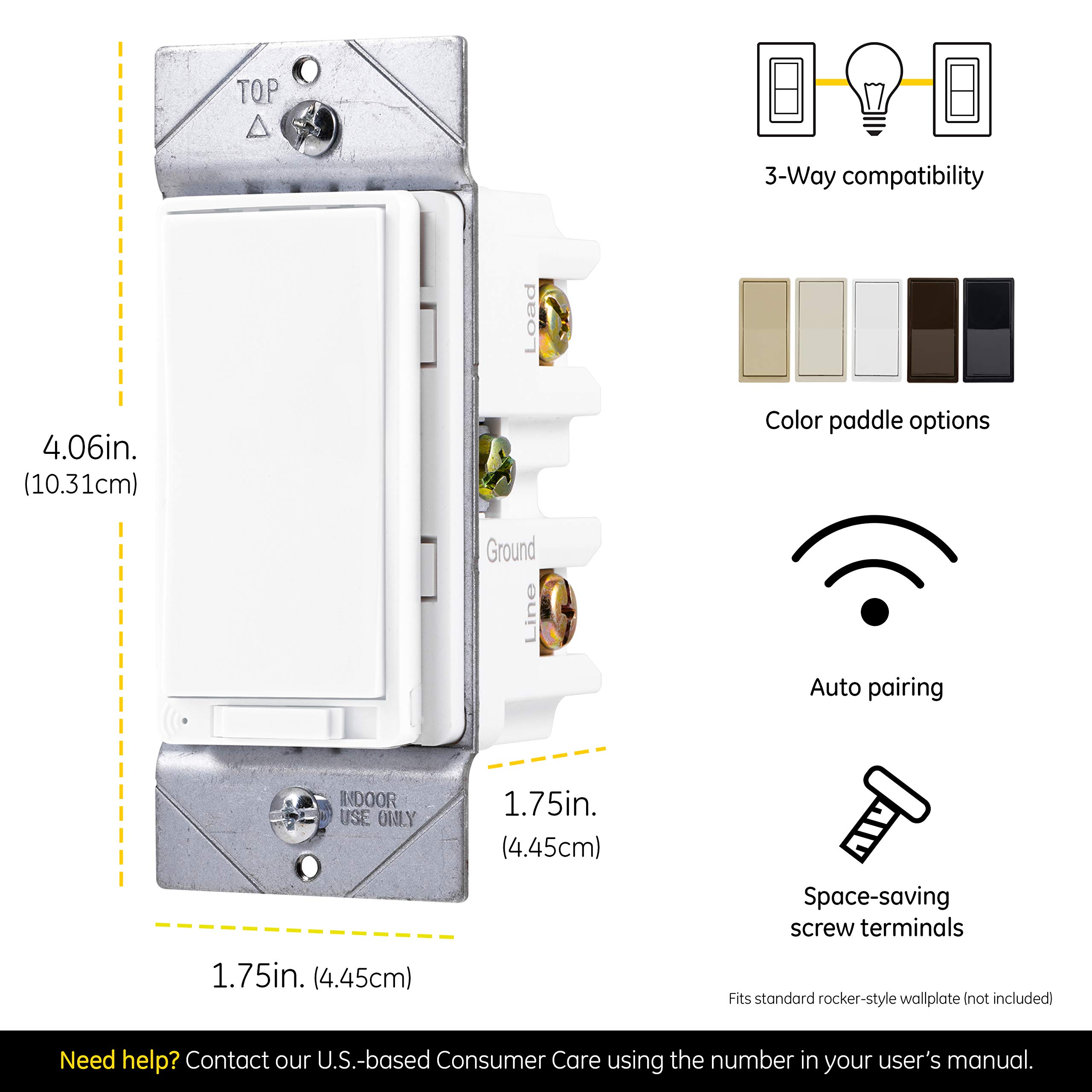 GE myTouchSmart WiFi Smart Light Dimmer, 3-Way/Single Pole, Works with Alexa, Google Assistant, 2.4GHz, No Hub Needed, Neutral Wire Required, White & Light Almond, 40794
