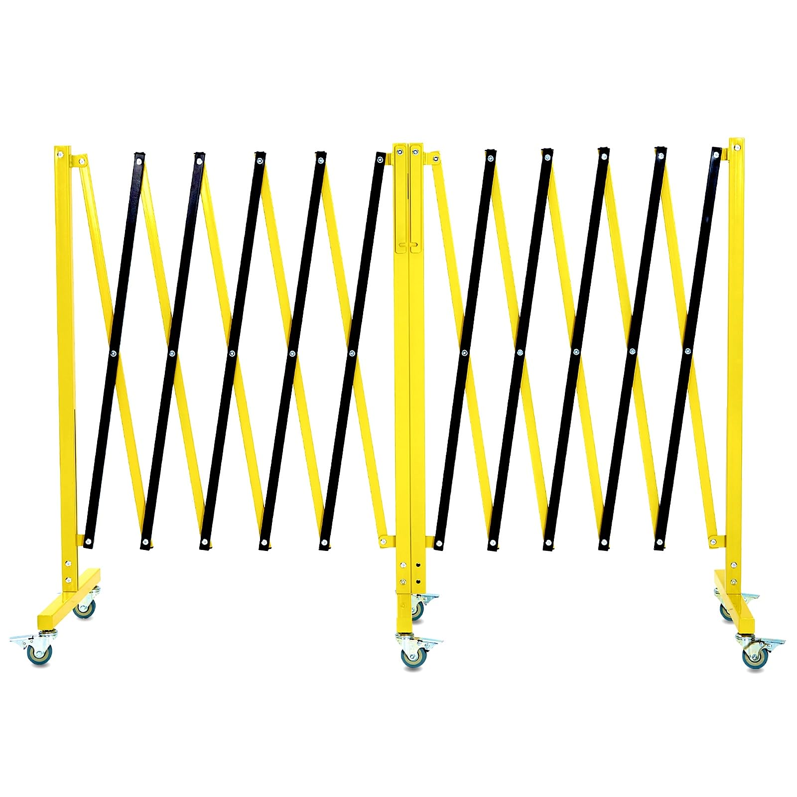 Garvee 19.8 FT Industrial Expandable Metal Barricade, Rotatable & Portable Safety Barrier with a Warning Board and Casters, Retractable Traffic Fence Mobile Safety Barrier Gate Yellow Black