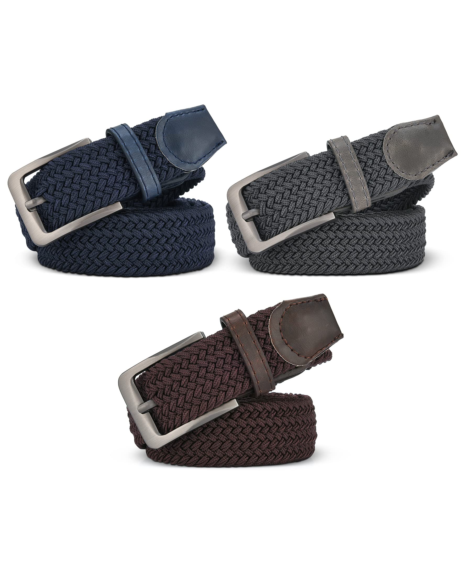 GALLERY SEVEN Woven Elastic Braided Belt For Men - Fabric Stretch Casual Belt- 3 Pack - Gray/Brown/Navy - Small (32-36")