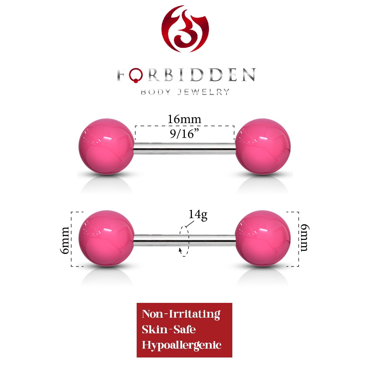 Forbidden Body Jewelry 14 g 16 mm Stainless Steel Nipple or Tongue Ring Barbell Set with Acrylic Balls (Pink)
