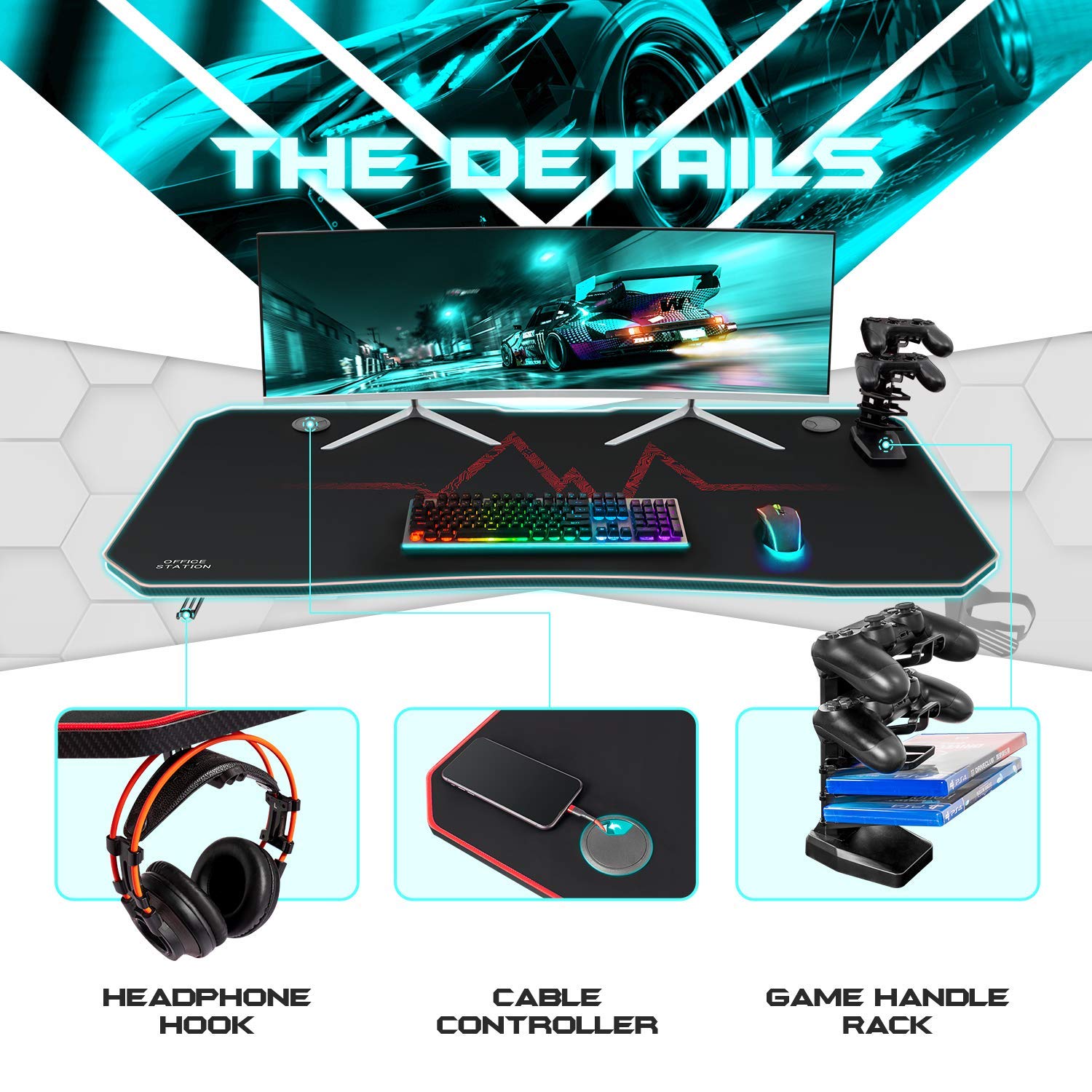 Furmax Gaming Desk T-Shaped Pc Computer Table with Carbon Fiber Surface Free Mouse Pad Home Office Desk Gamer Table Pro with Game Handle Rack Headphone Hook and Cup Holder (Red, 55 Inch)