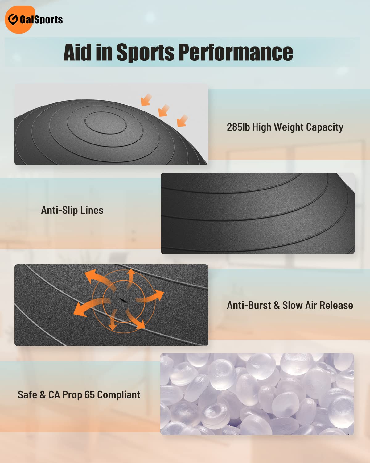 GalSports Exercise Ball (45cm-75cm), Yoga Ball Chair with Quick Pump, Stability Fitness Ball for Core Strength Training & Physical Therapy
