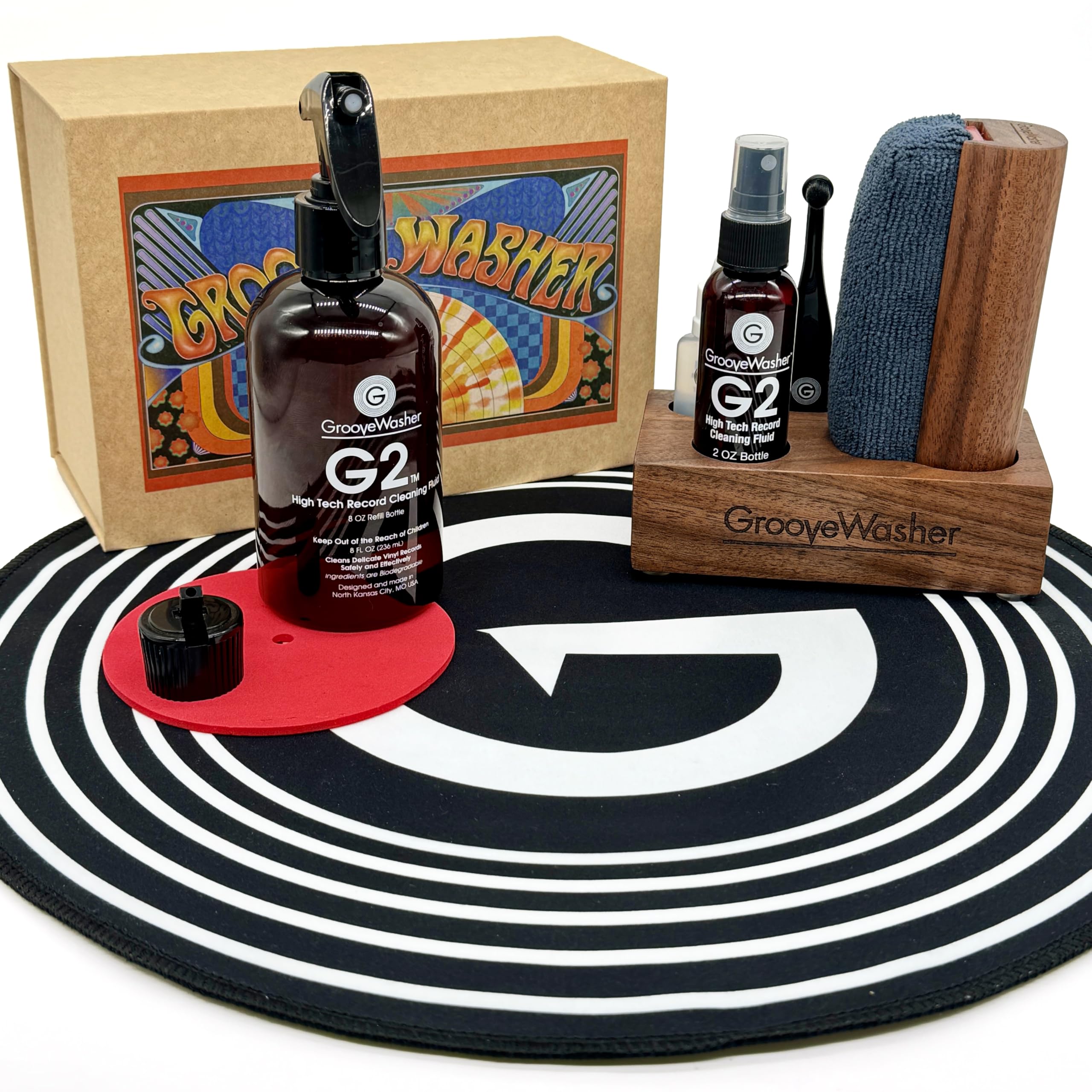 GrooveWasher Mondo Record & Stylus Care System | 9-in-1 Record Collection & Turntable Tool Kit, Vinyl Cleaning Kit Includes Beautiful Walnut Handle, a Display Solution + Record & Stylus Cleaner Fluid