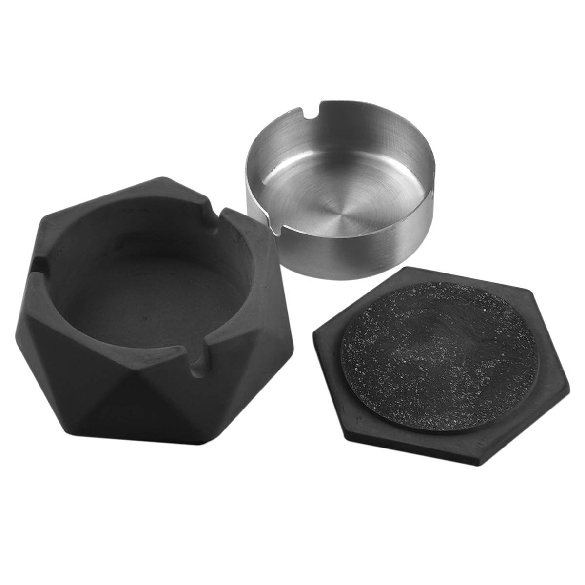 FREELOVE Concrete Ashtray with Lid & Stainless Steel Ashtrays for Cigarettes, Cement Ash Tray Weed Smoking Holder Indoor Smokeless Outdoor Windproof Patio Home Office Cool Decor, Dark Grey A