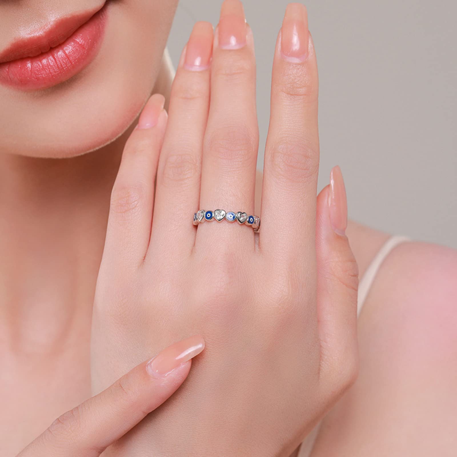 FUNYCHEN Evil Eye Ring for Women Sterling Silver Turkish Evil Eye Ring Bands Dainty Evil Eye Rings Lucky Jewelry Heart Ring Valentine's Day Gift CZs Statement Ring US Size 5-10 (Silver, 6)