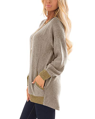 GADEWAKE Womens Casual Color Block Long Sleeve Round Neck Pocket T Shirts Blouses Sweatshirts Tops Khaki