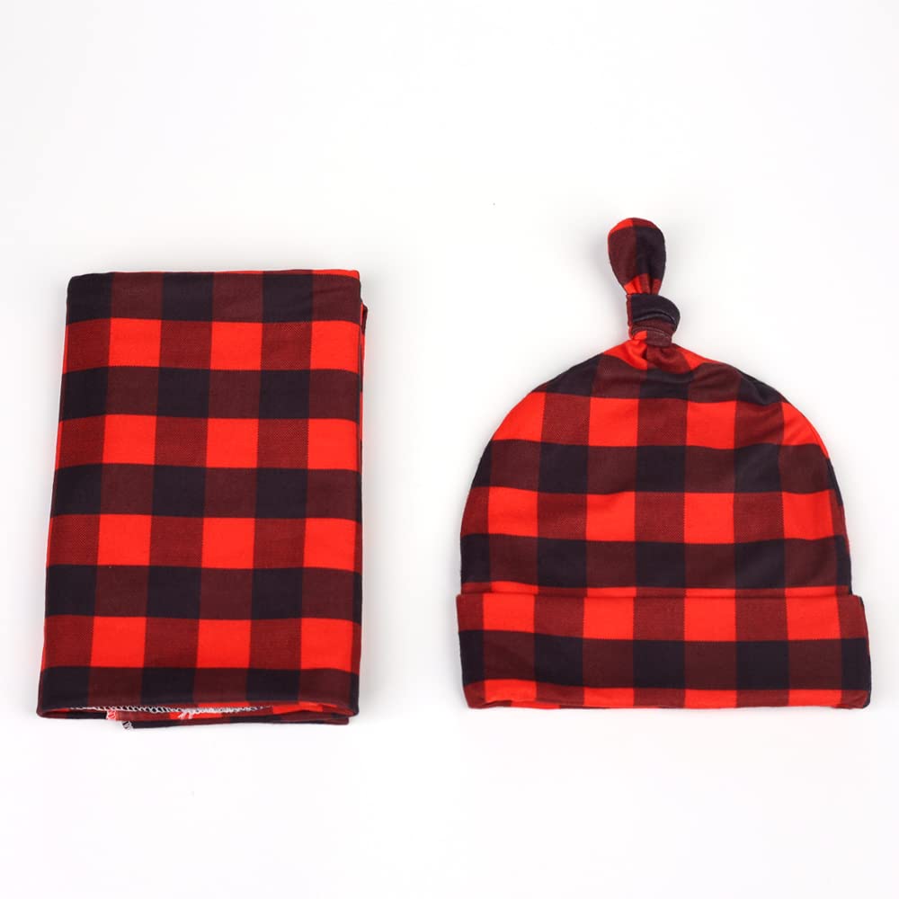 ZOONAI Red and Black Plaid Swaddle Blanket Baby Newborn Receiving Blanket Infant Sleeping Cloth Wrap with Hat (Red Black)
