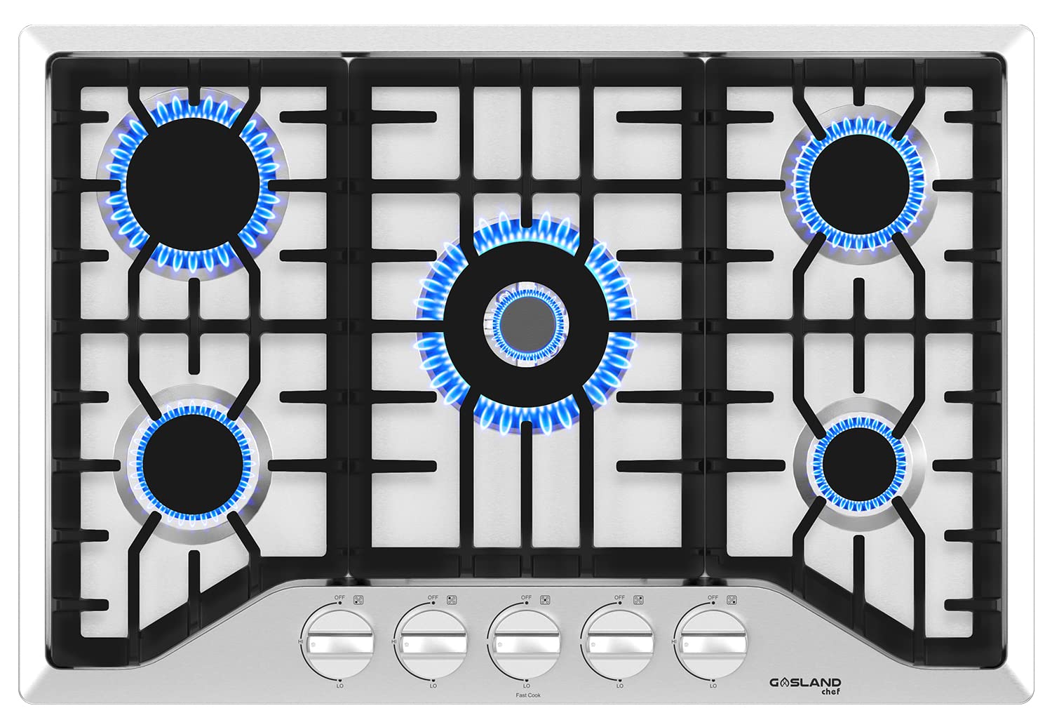 Gas Cooktop 30 Inch, GASLAND Chef 30'' Gas Stovetop, 5 Burners Gas Countertop, 41,300 BTU NG/LPG Convertible, 3.9 ft Cord Plug, 5 Italy Sabaf Sealed Burner, Auto Ignition, Thermocouple Protection