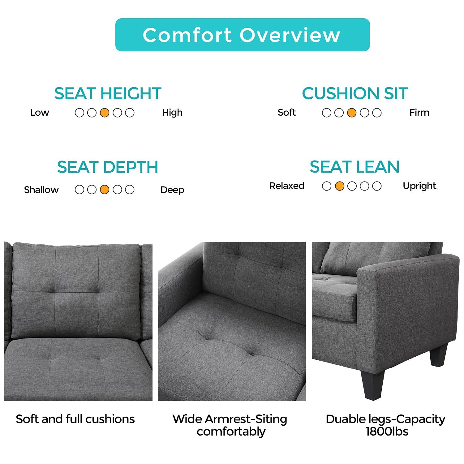 GOOD & GRACIOUS Sectional Sofa Set 57" L-Shaped Couch Chaise Polyester Fabric Loveseat Furniture with Reversible Storage Ottoman for Apartment Office Living Room Bedroom Small Space (Dark Grey)