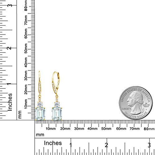 Gem Stone King 18K Yellow Gold Plated Silver Sky Blue Simulated Aquamarine and White Topaz Dangle Earrings For Women (5.26 Cttw, Gemstone Birthstone, Octagon 9X7MM)