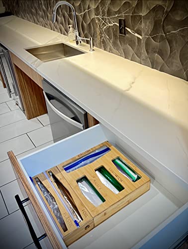 Foil and Plastic Wrap Organizer, Magnetic Dispenser with Cutter, 6 in 1 Aluminum Dispenser, Bamboo Storage Kitchen Drawer Organizer for Foil, Ziploc, Gallon, Quart, Sandwich, Snack, standard large
