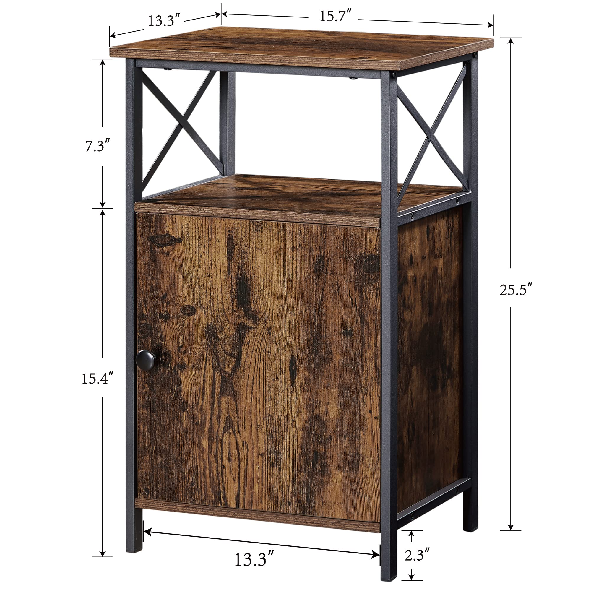 VECELO Brown End Side Table, Modern Night Stand with Storage Space and Door,Set of 2 Nightstands for Living Room,Bedroom,Lounge