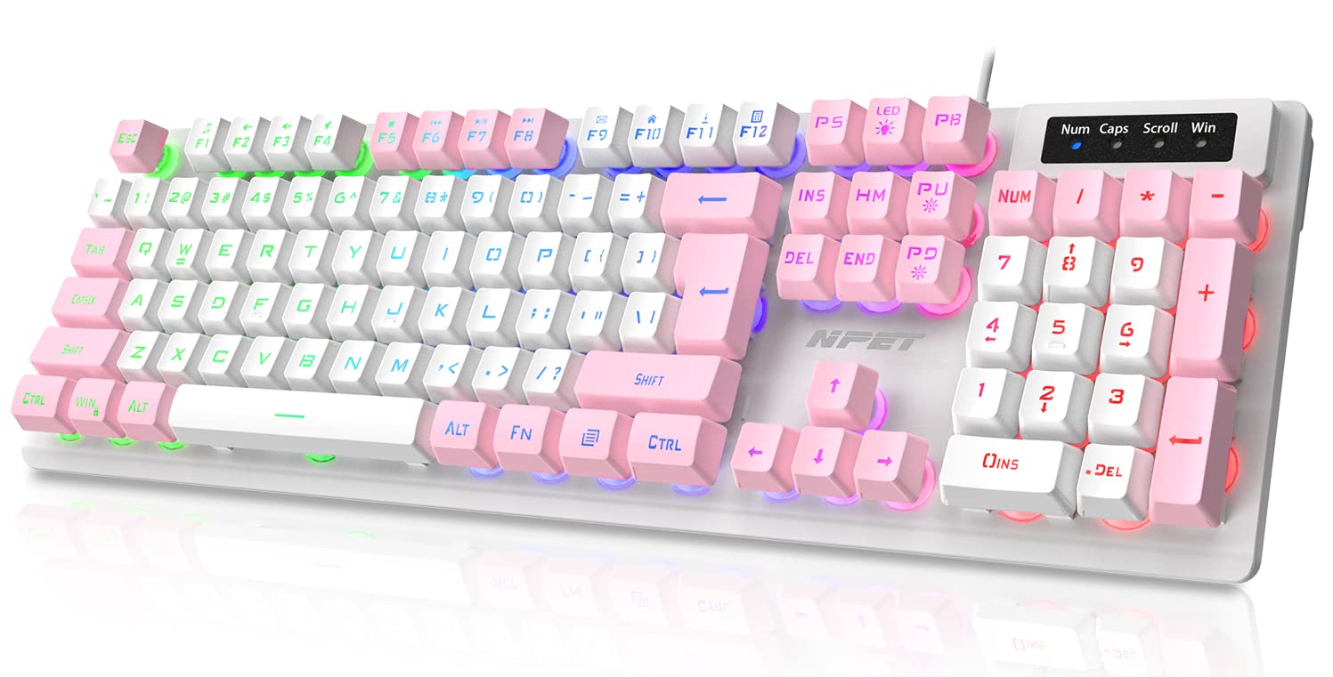 NPET K10 Wired Gaming Keyboard, RGB Backlit, Spill-Resistant Design, Multimedia Keys, Quiet Silent USB Membrane Keyboard for Desktop, Computer, PC（Camellia）