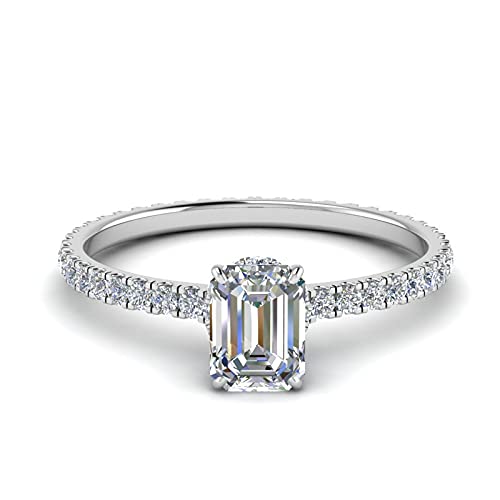 GROWNMINE Hidden Halo 1 Carat White Emerald Cut Moissanite Ring In 925 Sterling Silver For Gift (Emerald - 6.5)