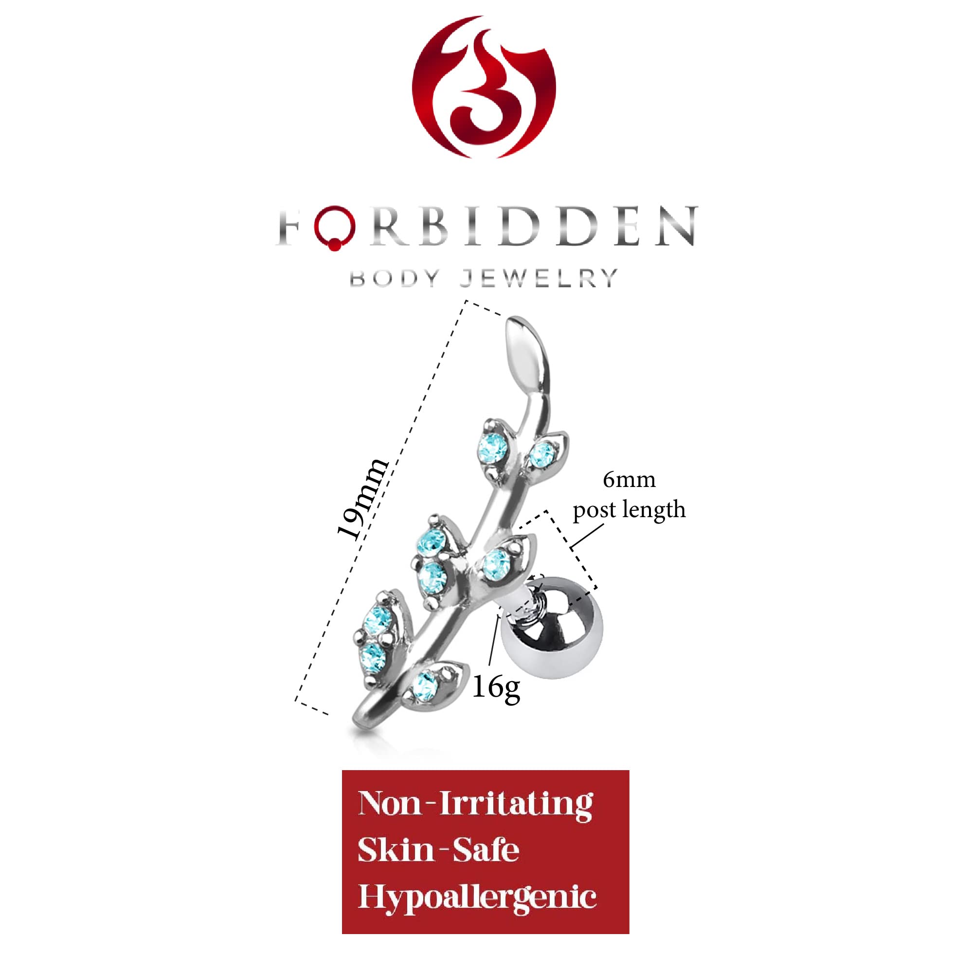 Forbidden Body Jewelry 16g Surgical Steel CZ Studded Vine & Leaves Climbing Cartilage/Helix Earring (Aqua)