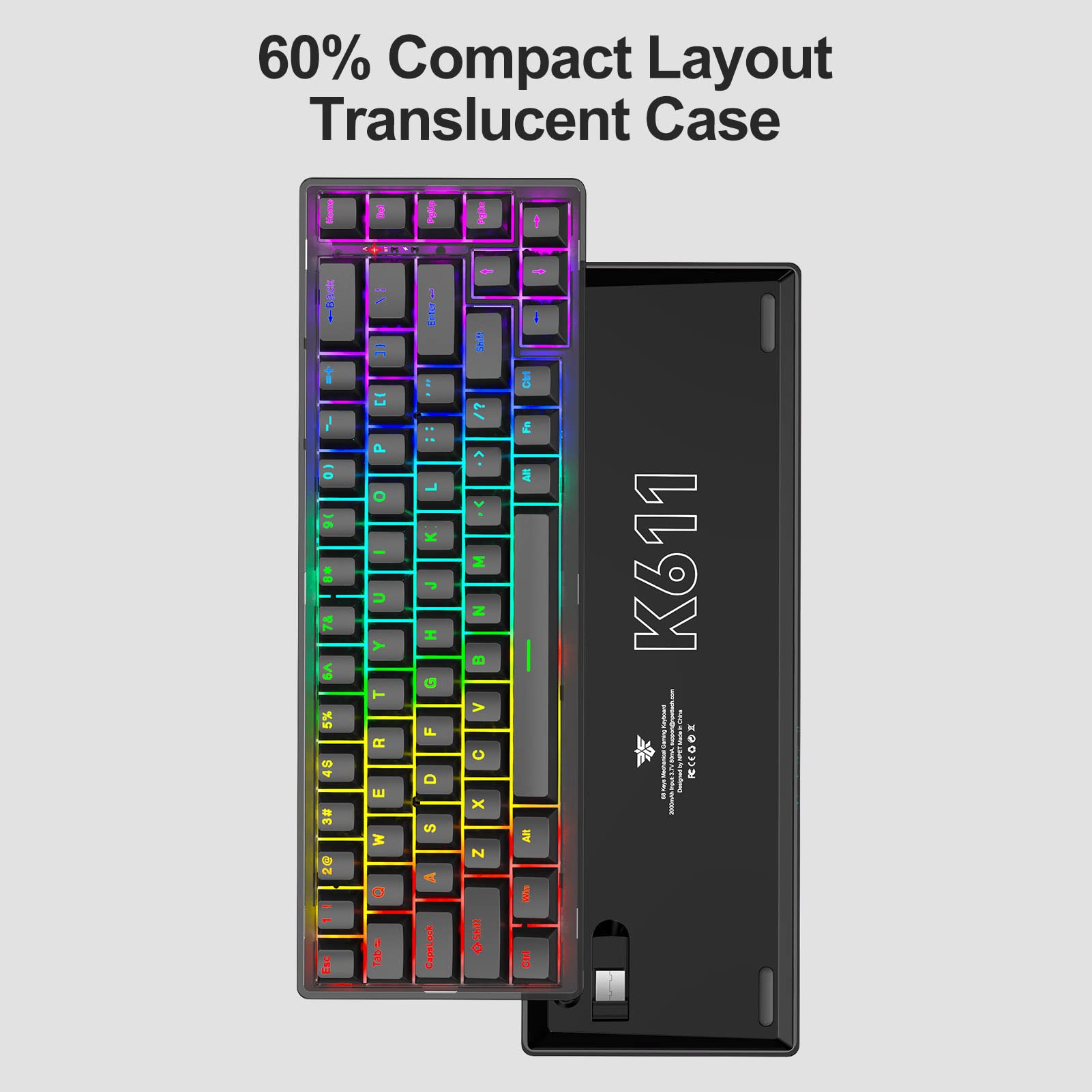 NPET K611 Wireless 60% Triple Mode BT5.0/2.4G/USB-C Mechanical Keyboard, 68 Keys Bluetooth Mechanical Keyboard, Compact Gaming Keyboard for Windows/Mac/Android/iOS (Hot Swappable Red Switch, Black)