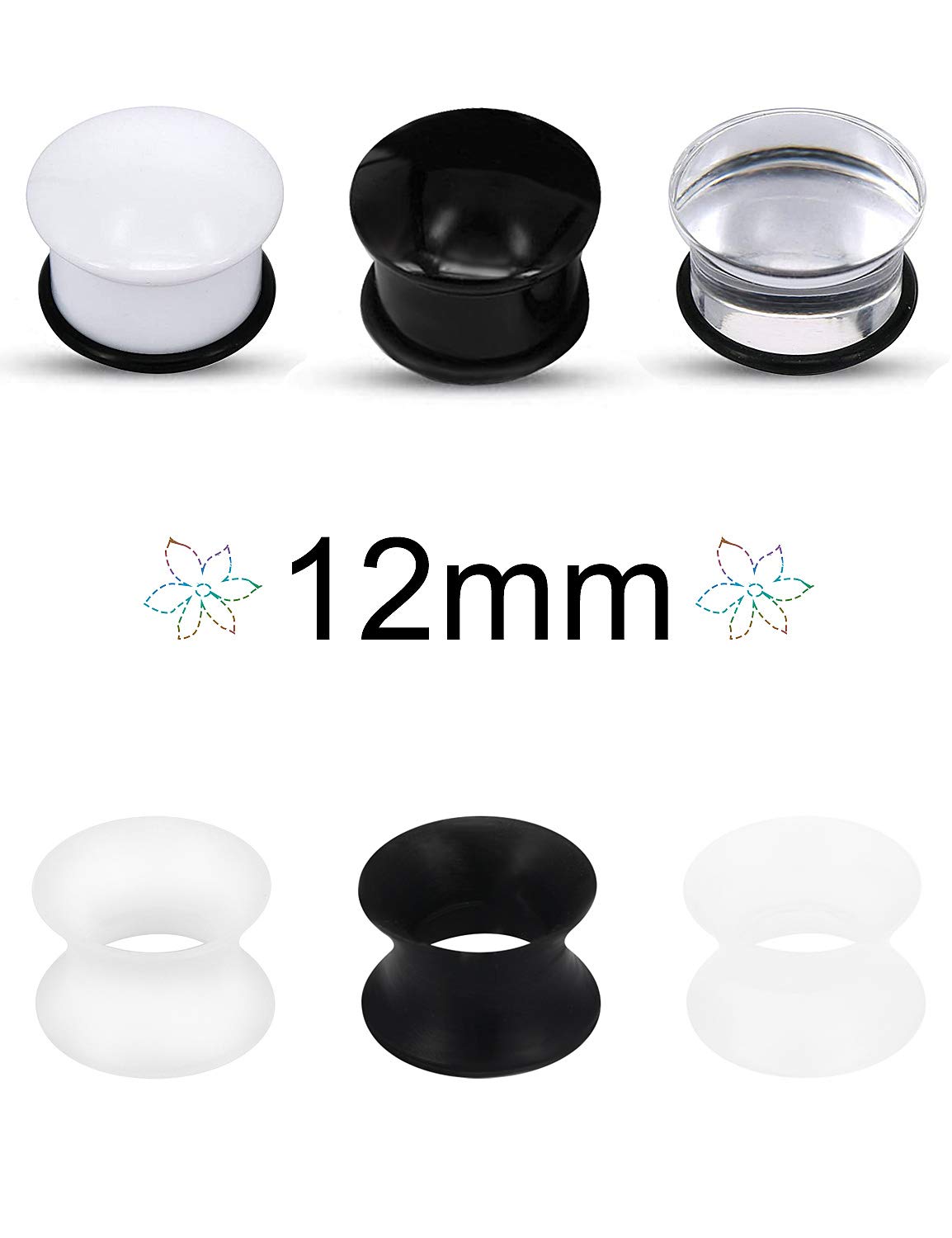 Goerhsjie Ear Gauges Stretching Kit Ear Expander Earrings EarLobes Plugs Single Flare Acrylic O-Ring Plugs Earlobe Piercing Set 6Pairs 12G-12mm
