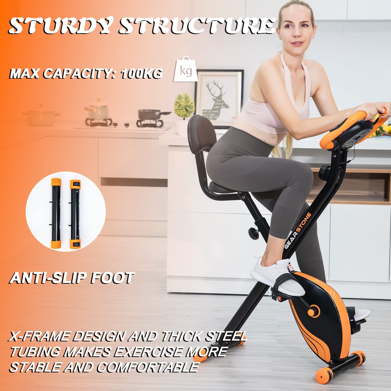 GEARSTONE Fitness Bike, Exercise Bike, Foldable Indoor Trainer for Home Cardio Training, Magnetic Resistance Bikes, Pulse Sensor, 100 kg Max Weight (D8) (D2)