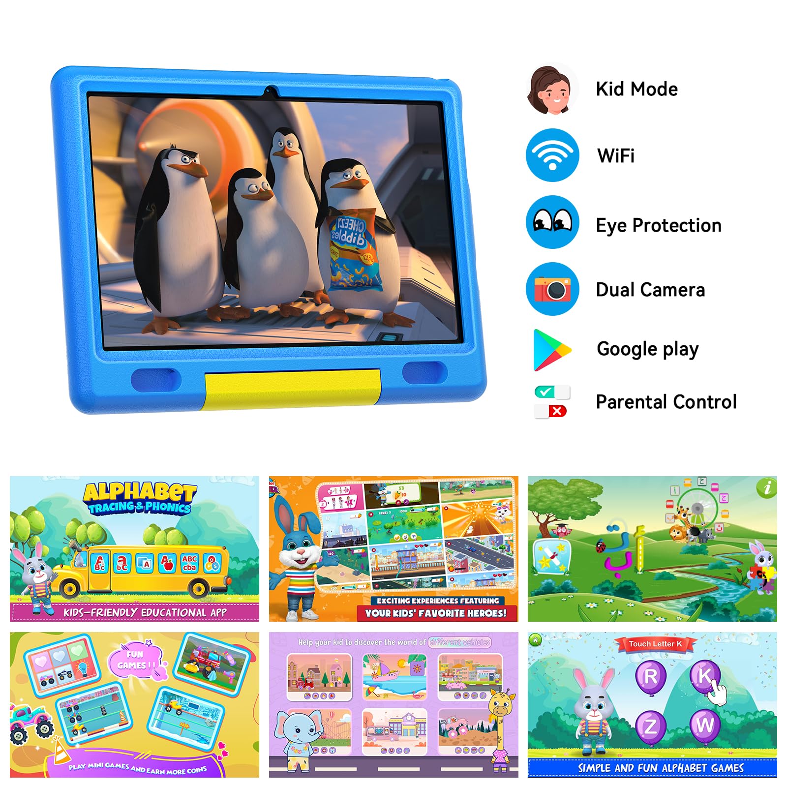 Freeski 10-inch Kids Tablet, Android 13 Tablet for Kids, HD IPS Display, 6GB RAM, 64GB ROM, Quad-Core Processor, Kidoz Pre Installed, Parental Control, Kid-Proof Case
