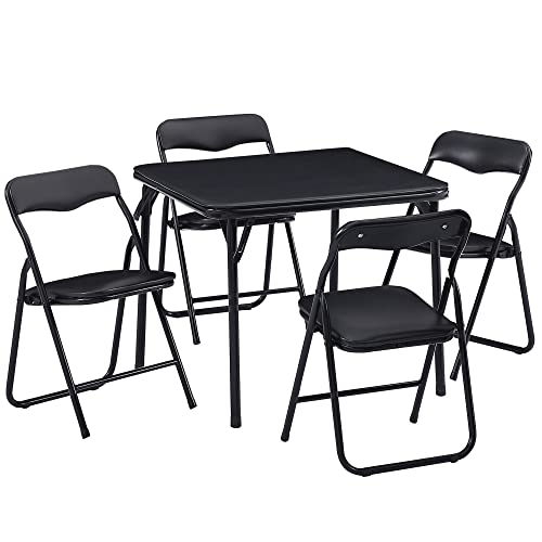 VECELO Kids Folding Activity Table and Chairs 5 Pcs Set, Portable, with Ultra Soft PU Padded Cushion, Matte Black