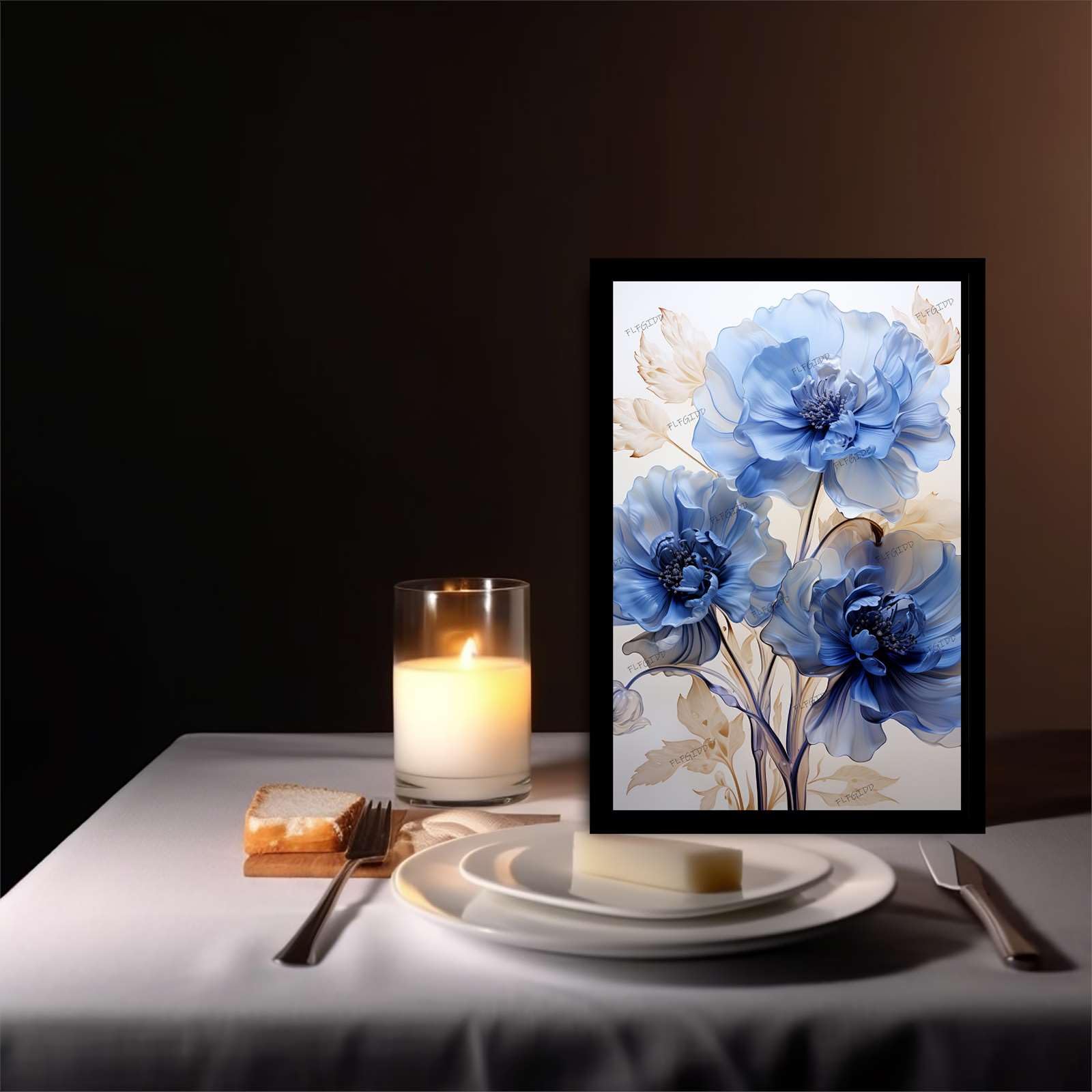 FLFGIDD Wall Art Blue Flowers Oil Painting Canvas Wall Art Colorful Wall Painting Flowers for Kitchen Modern Bathroom Wall 4x6inch with Solid Wood Frame