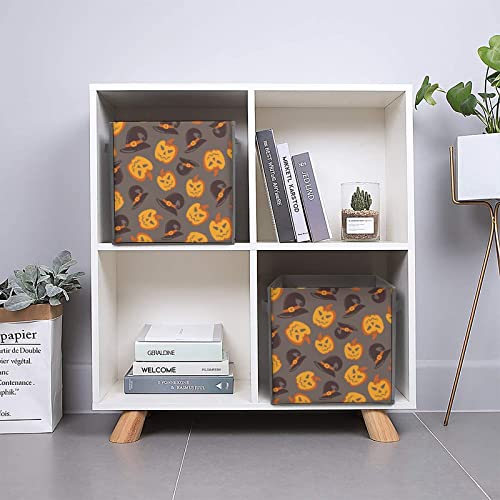 Pumpkin Witch Hat Foldable Storage Bins Printd Fabric Cube Baskets Boxes with Handles for Clothes Toys, 11x11x11