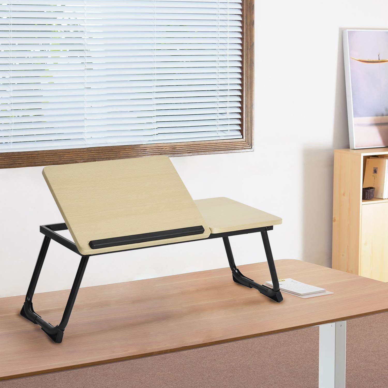 Foldable Laptop Table with Adjustable Tray and Metal Structure, for Home Office and Living/Bed Room(Beech Wood and Black) 25.5" (W) x 11.8"(D) x 10.8"(H)
