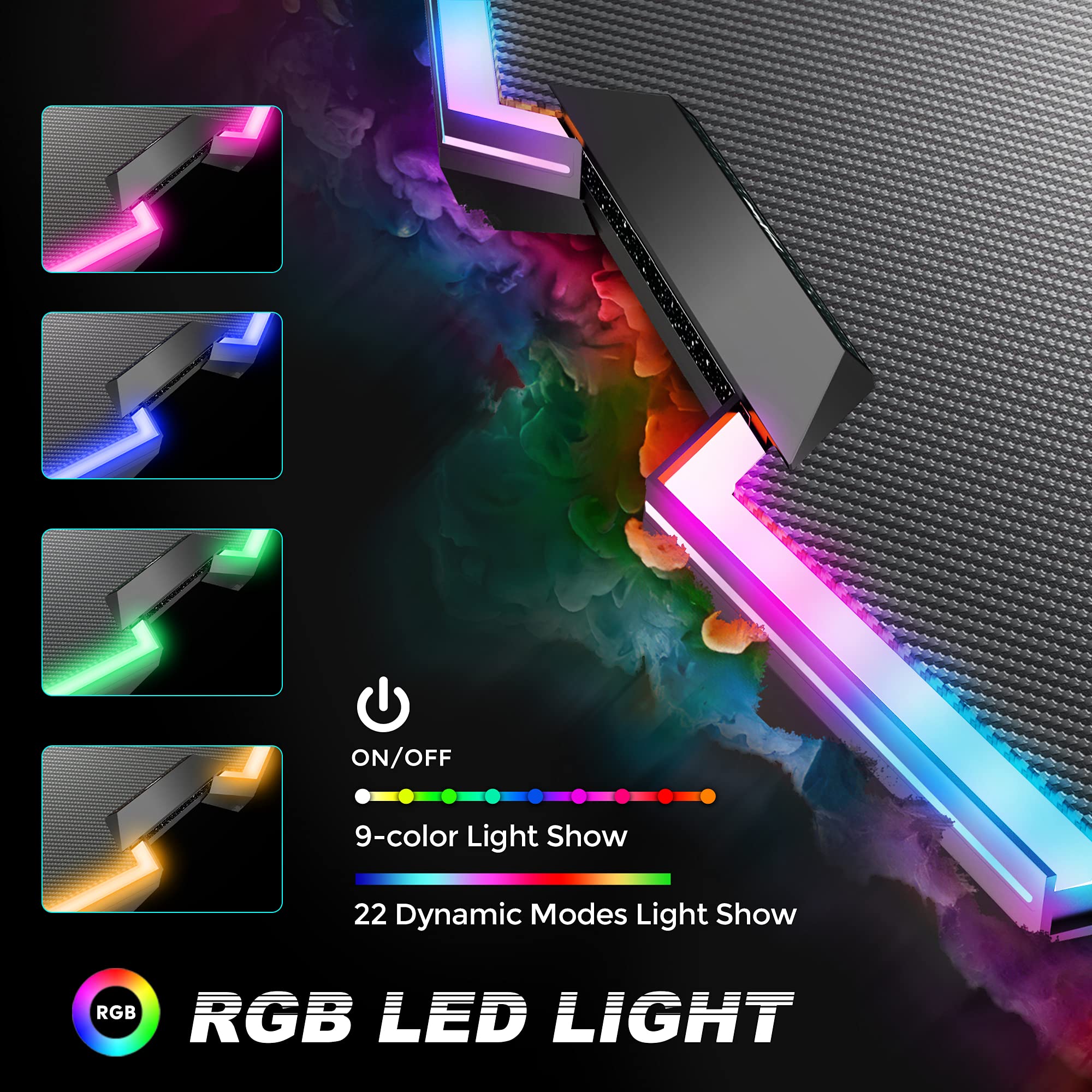 GALAXHERO Ultimate 61“Large Gaming Desk with 22 Modes RGB LED Light, Professional Gamer Computer Desk with Headphone&Cup Holder, Home Office PC Workstation, Full-Surface Cloth Mouse Pad, Black, GX-D