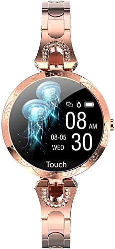 Rose Gold Smart Watch for Women,Ladies Smart Bracelet with Diamonds Stainless Steel Wristband, Elegant Fitness Tracker Pedometer Calorie Sleep Tracking Full Touchscreen for iOS Android Phones