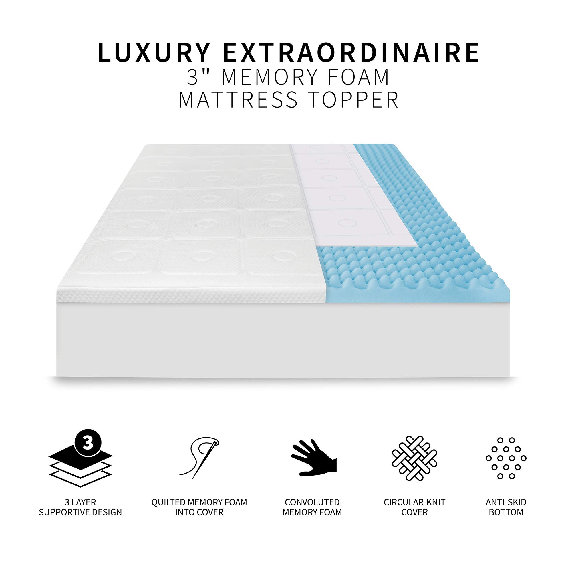 SensorPEDIC Luxury Extraordinaire 3-Inch Quilted Memory Foam Mattress Topper, Twin Size, White