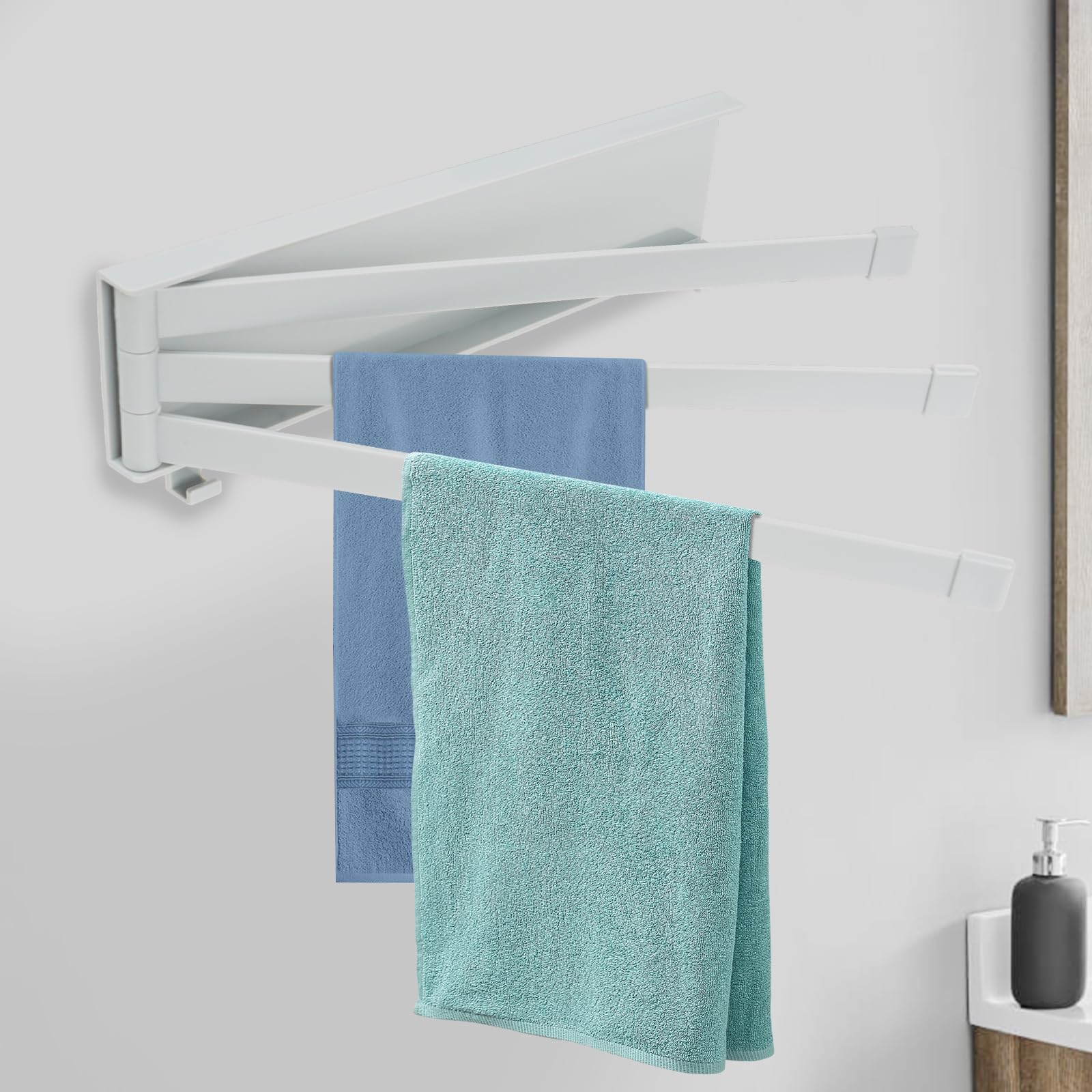 Swivel Towel Bar-3-Arm Bathroom Towel Rack 180° Rotating with Double-sided Tape No Nail Self-adhesive Hand Towel Holder No Nail Wall Mount Dish Rag Dishcloths Washcloth Storage Organizer Hanger(White)