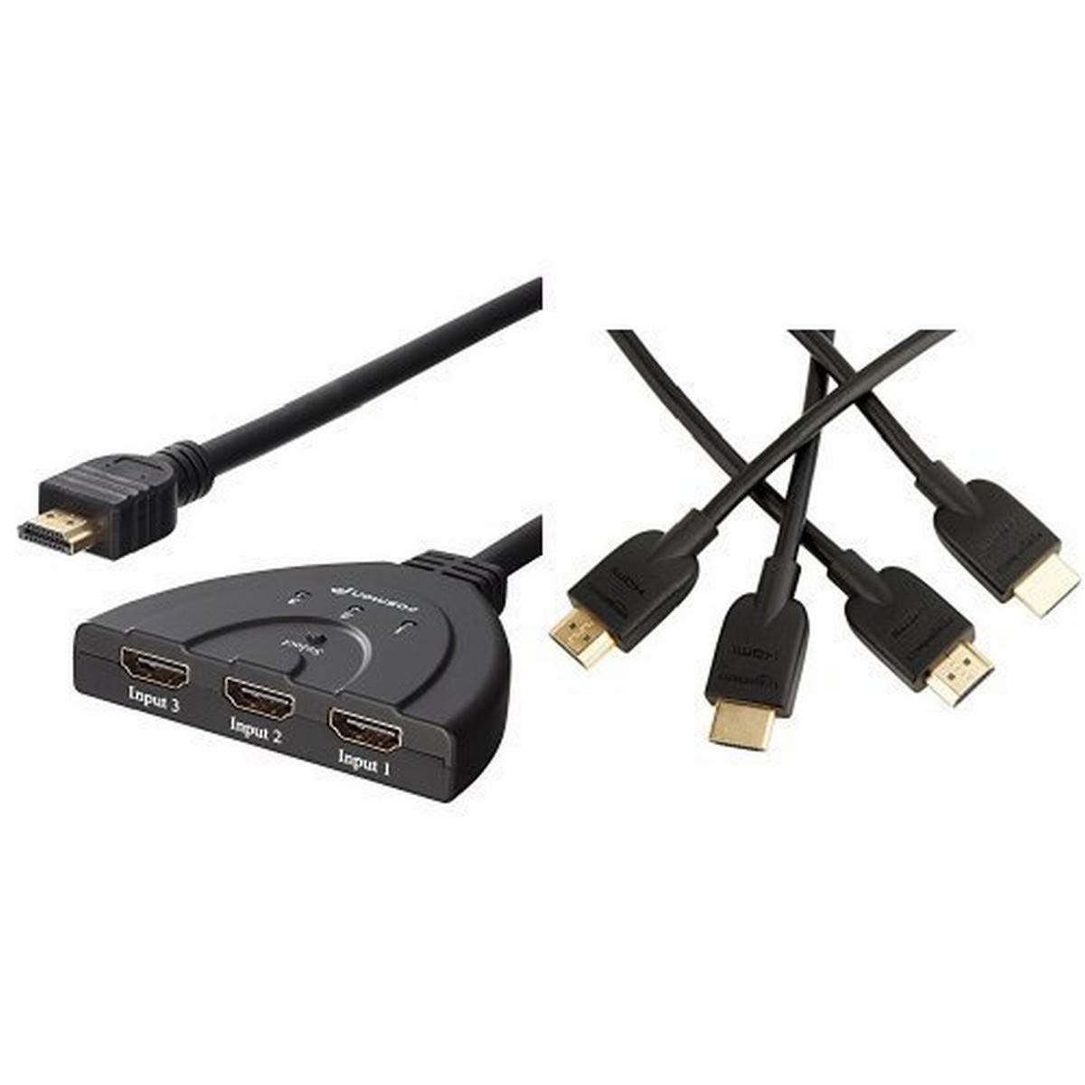 Fosmon HD1831 3-Port HDMI Switch with Pigtail Cable and Amazon Basics High-Speed HDMI Cable - 6 Feet (2-Pack) (Latest Standard) Bundle