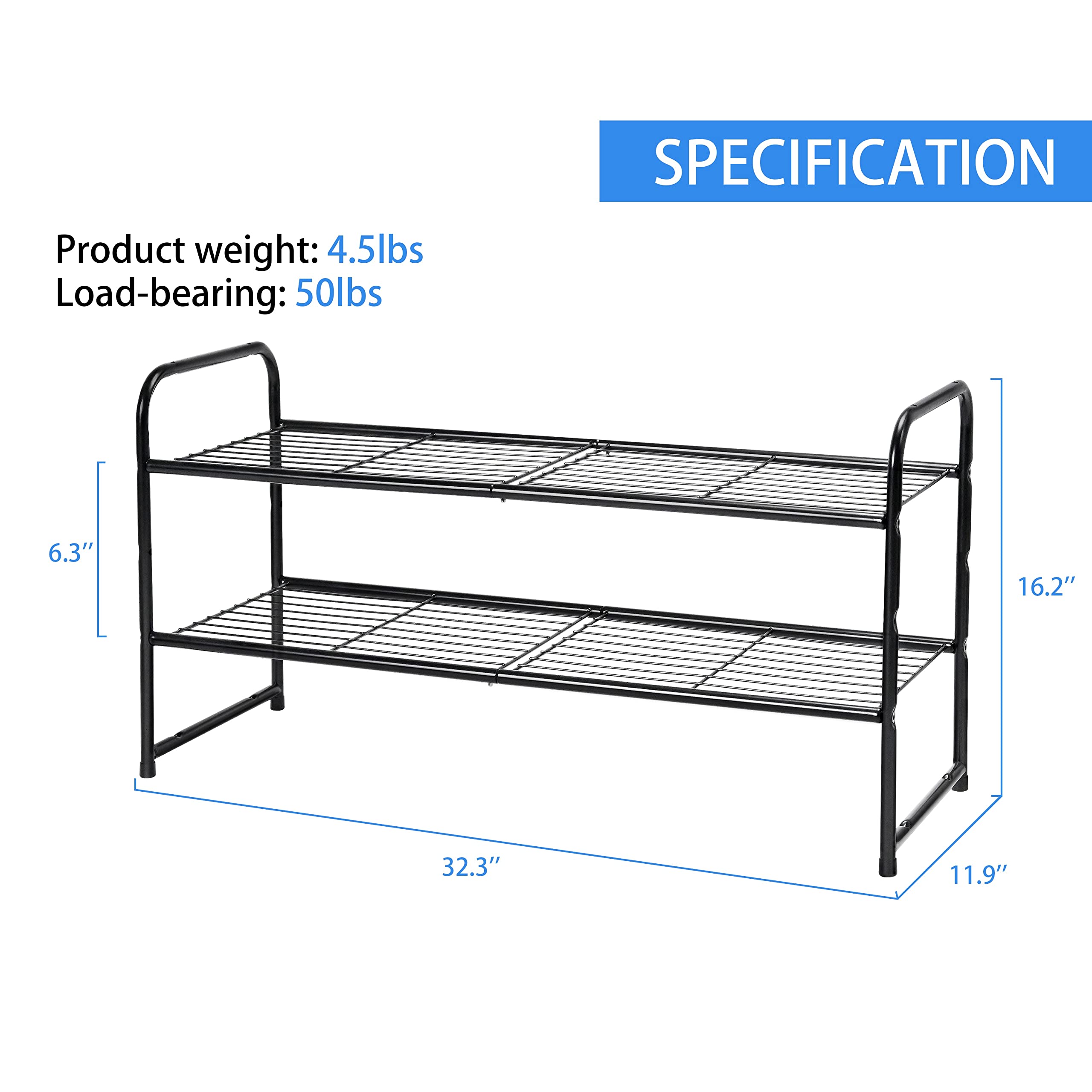 GEORIS 2 Tier Shoe Rack for Closet Stackable Shoe Storage Shelf, Long 32.5" Metal Shoe Organizer for Entryway, White
