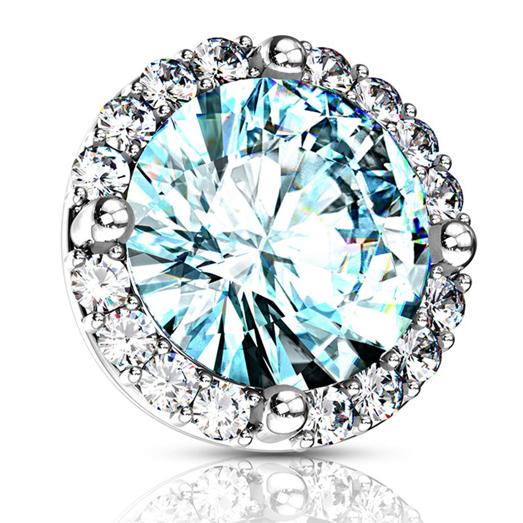 FIFTH CUE 14G Round Prong Set CZ Center w/CZ Around 316L Surgical Steel Internally Threaded Dermal Top (Clear/Aqua)